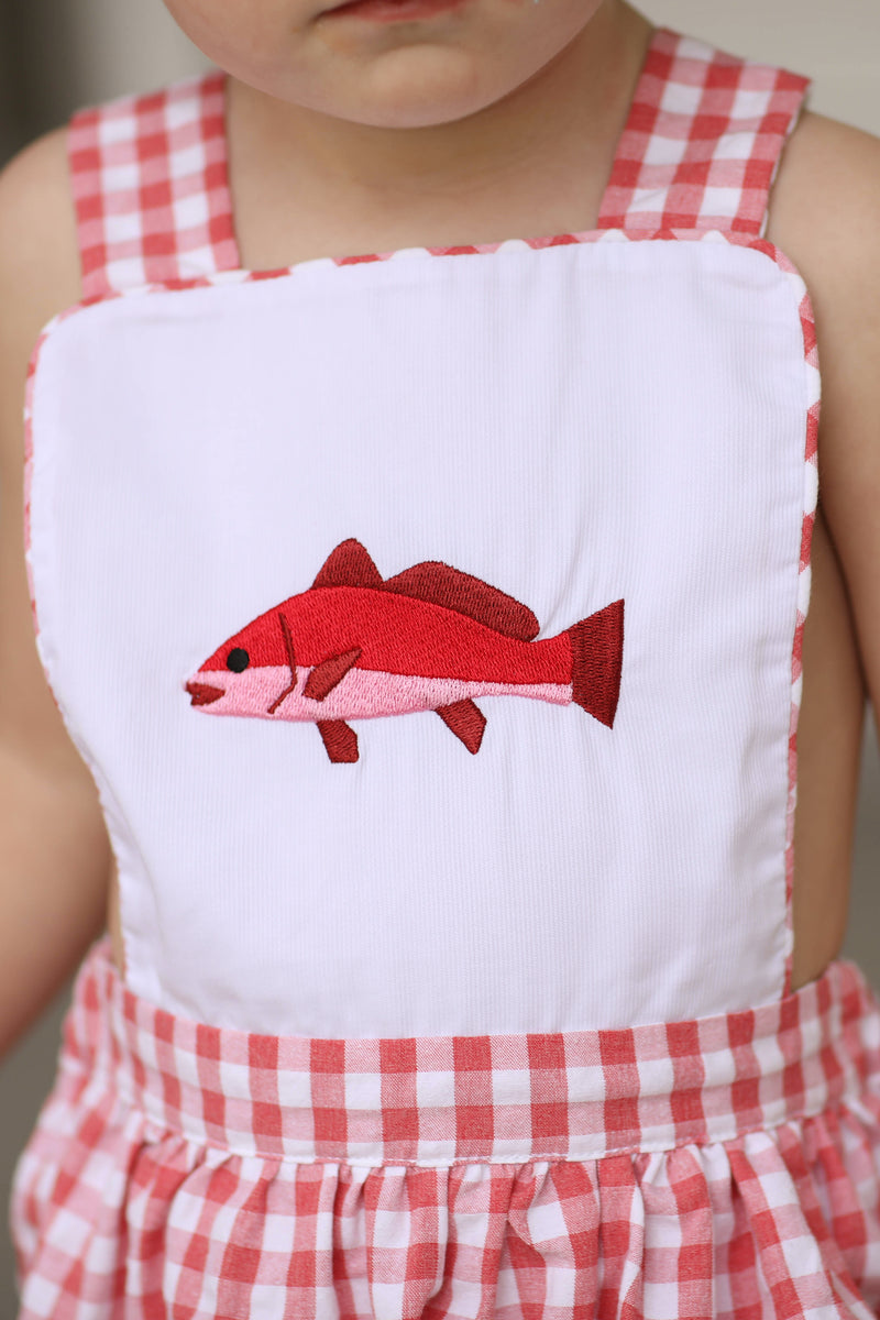 Red Snapper Embroidered Red Gingham Sunsuit – The Smocking Place