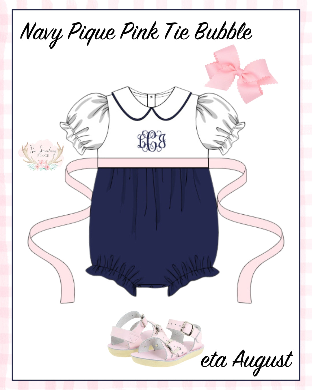 Navy Pique Pink Tie Bubble – The Smocking Place